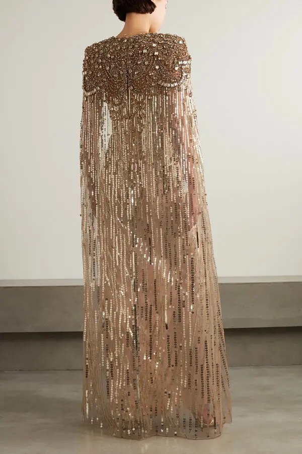 Jenny Packham Lotus Cape-effect Embellished Sequined Tulle Gown