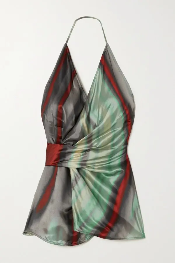 Rick Owens Laura Printed Satin Halterneck Wrap Top - Blue