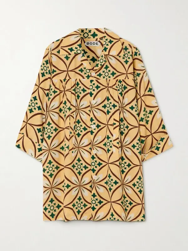 BODE Greer Quincy Printed Crepe Mini Shirt Dress - Yellow