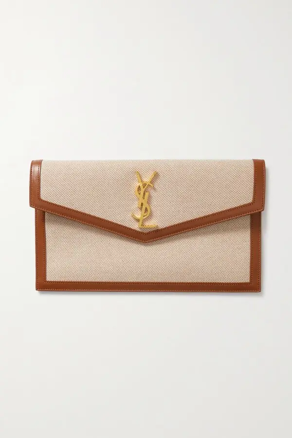 Saint Laurent Uptown Leather-trimmed Cotton-canvas Pouch - Brown