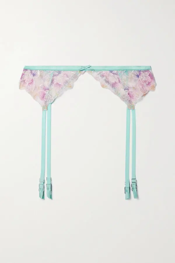 FLEUR DU MAL Pixie Embroidered Tulle Suspender Belt - Blue