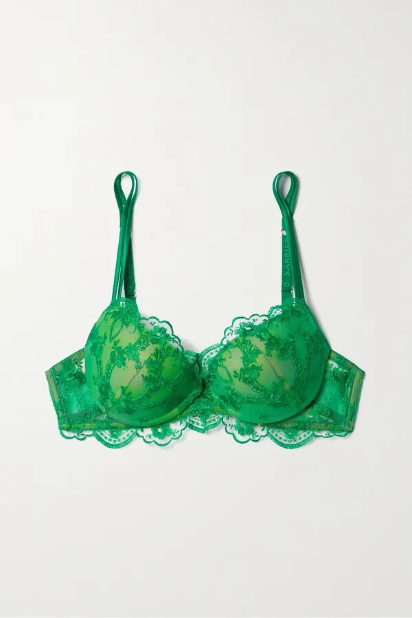 I.D. Sarrieri Net Sustain Petal Bloom Embroidered Tulle Underwired Bra - Green