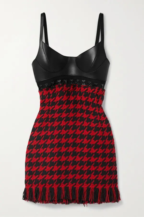 Monse Leather-trimmed Fringed Knitted Mini Dress
