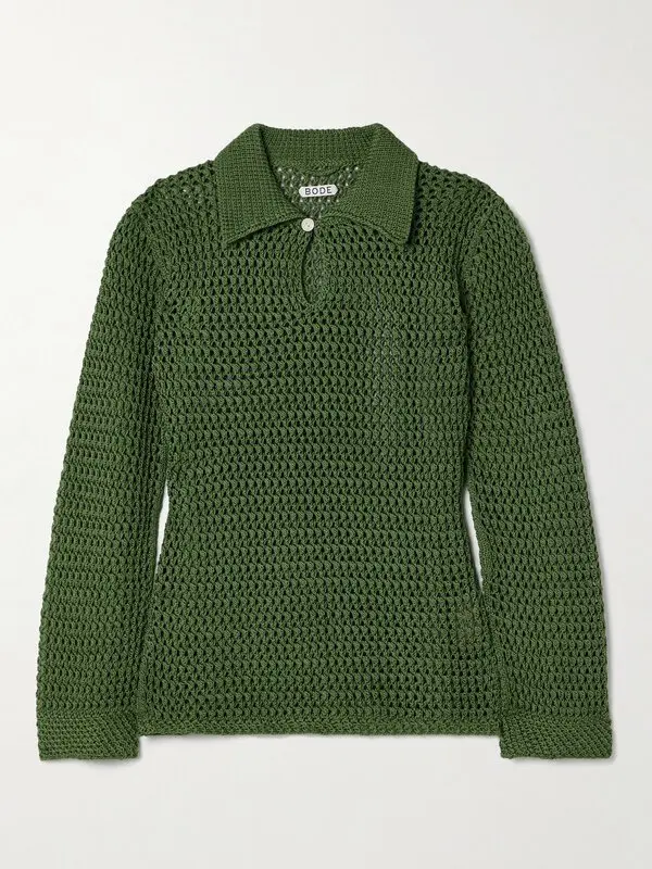 BODE Willows Crocheted Cotton Polo Shirt - Green