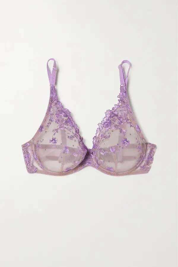 I.D. Sarrieri Net Sustain Colette Embroidered Tulle Soft-cup Triangle Bra - Purple