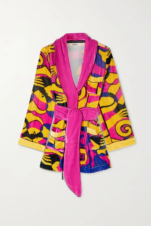 SLEEPING WITH JACQUES Net Sustain Bon Vivant Belted Printed Velvet Robe - Yellow