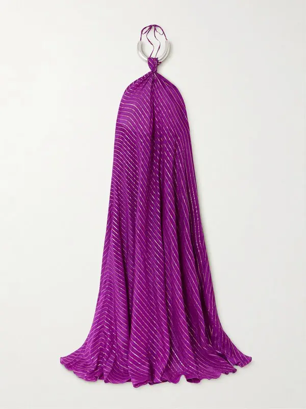 Johanna Ortiz Net Sustain Majestic Power Embellished Silk-blend Chiffon Halterneck Maxi Dress - Purple