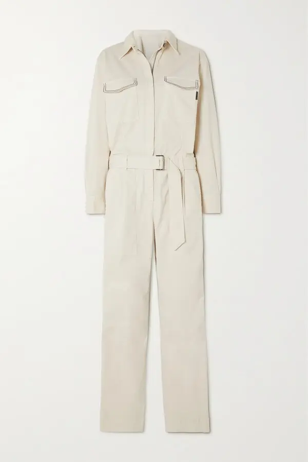 Brunello Cucinelli Belted Bead-embellished Cotton-blend Drill Jumpsuit - Cream