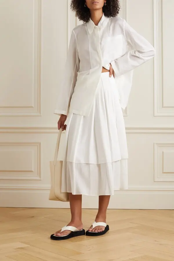 THE ROW Mirons Pleated Woven Midi Skirt