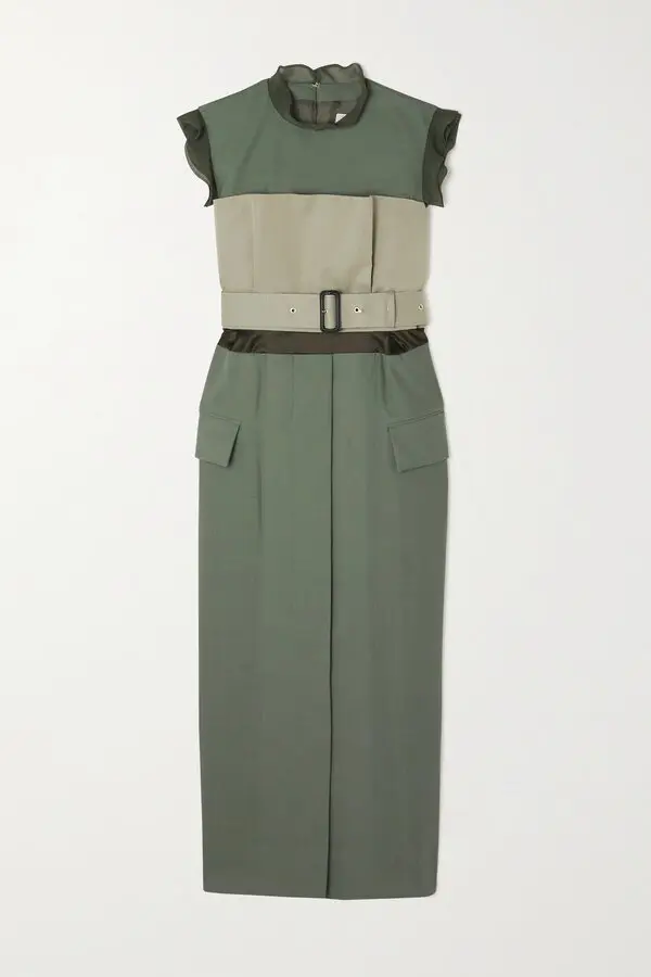 Sacai Belted Paneled Midi Dress - Green