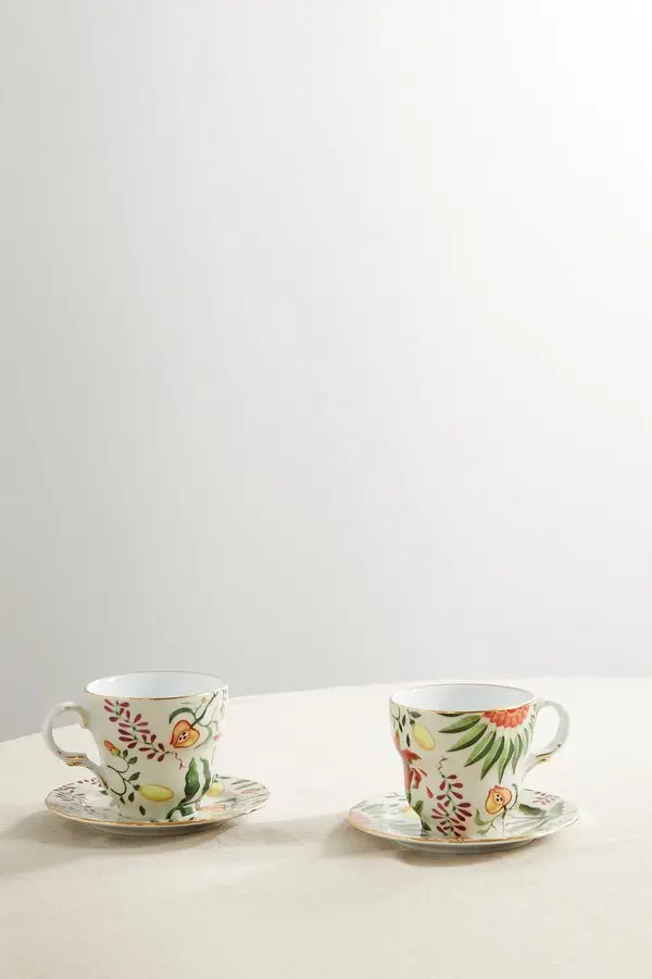 La DoubleJ Set Of Two Gold-plated Porcelain Espresso Cups And Saucers - White