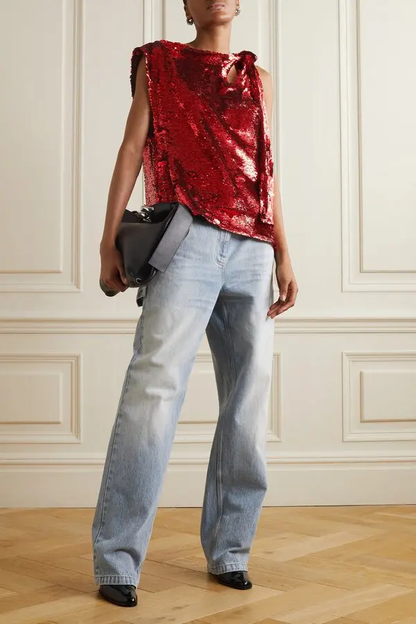 JW Anderson Tie-detailed Sequined Satin Top
