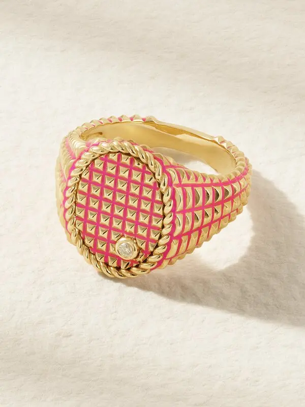 Yvonne Léon Chevalière Ovale Picotti 9-karat Diamond And Enamel Signet Ring - Gold
