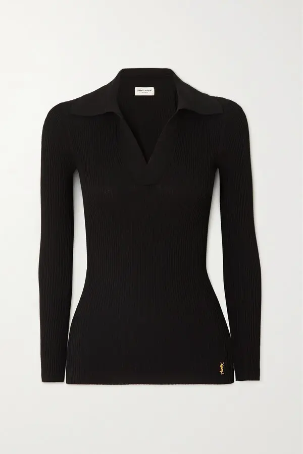 Saint Laurent Embellished Ribbed-knit Polo Sweater