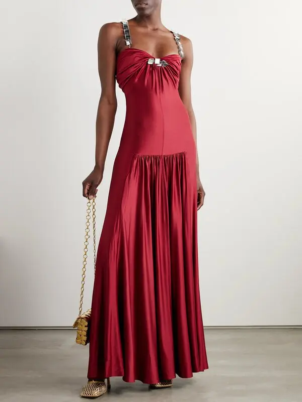 Rabanne Embellished Gathered Stretch-jersey Maxi Dress