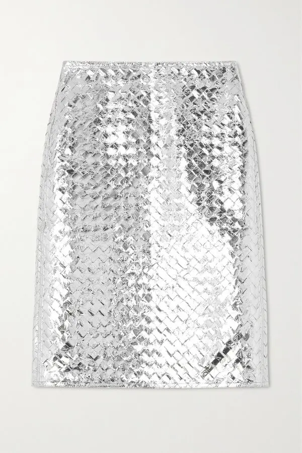 Bottega Veneta Intrecciato Metallic Crinkled-leather Skirt - Silver
