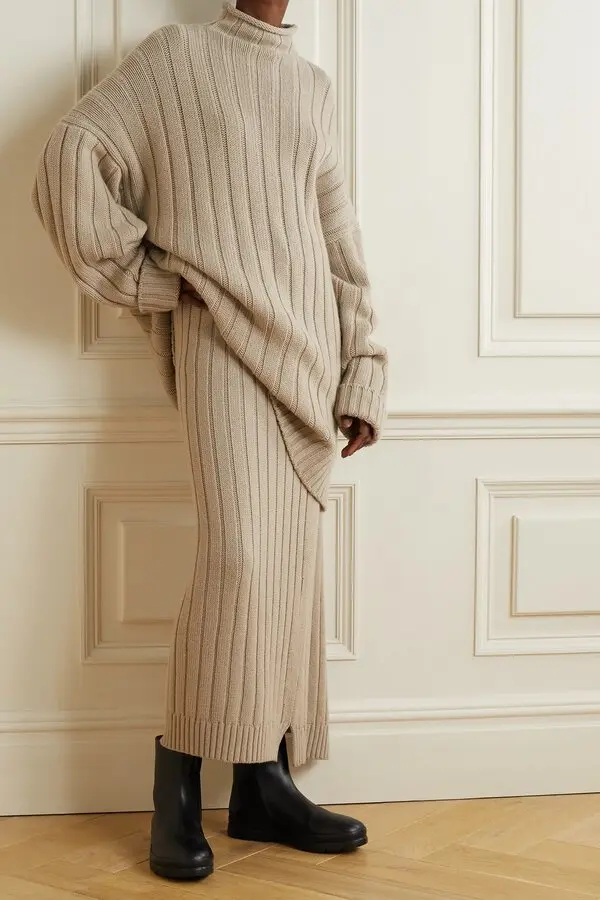 THE ROW Dejan Asymmetric Ribbed Cashmere Midi Skirt
