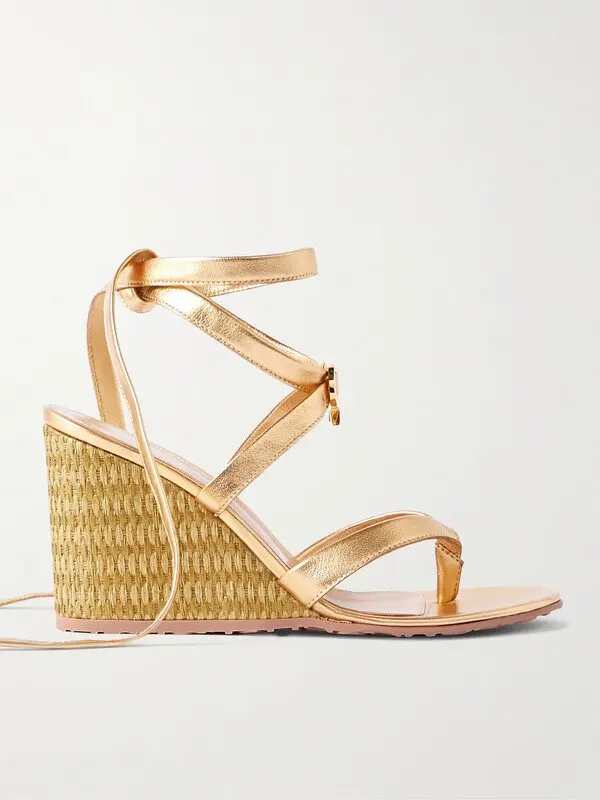 GIANVITO ROSSI Oleg 85 Leather Wedge Sandals - Gold