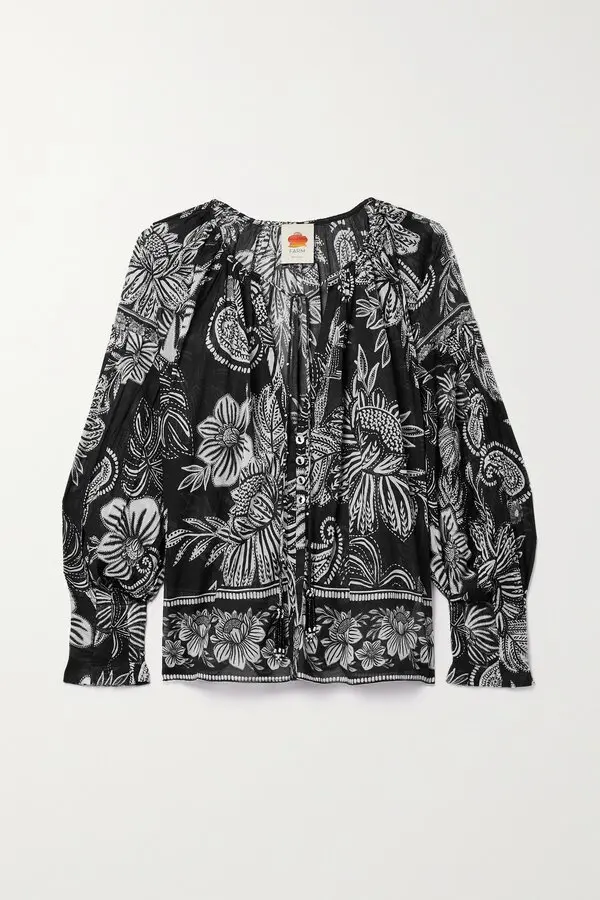 Farm Rio Tie-detailed Bead-embellished Printed Blouse - Black