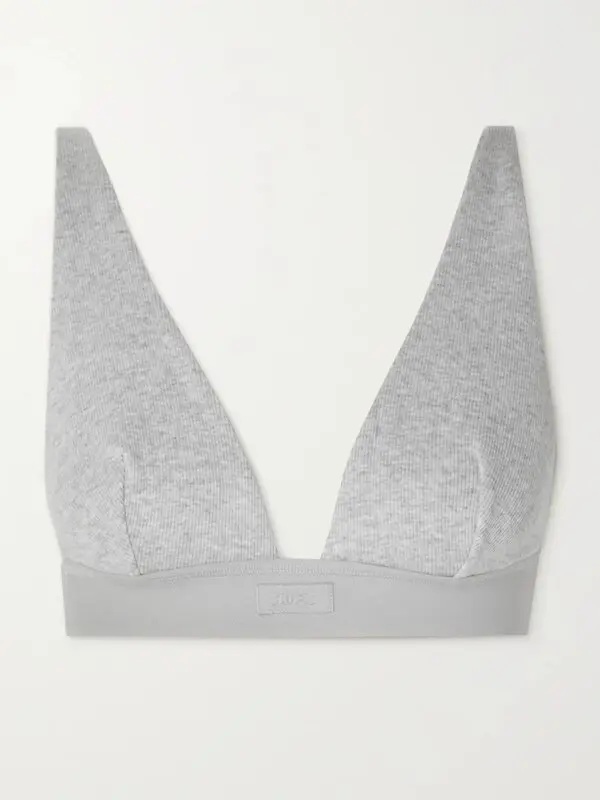 SKIMS Plunge Ribbed Cotton-blend Jersey Bralette - Gray
