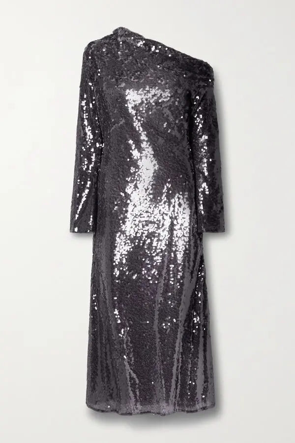 SELF-PORTRAIT Asymmetric Sequined Mesh Midi Dress