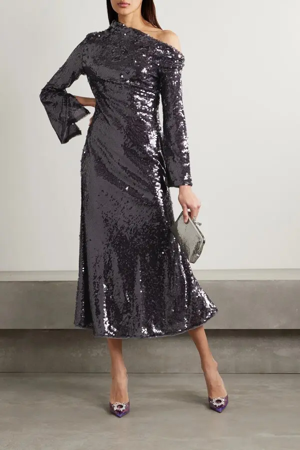 SELF-PORTRAIT Asymmetric Sequined Mesh Midi Dress