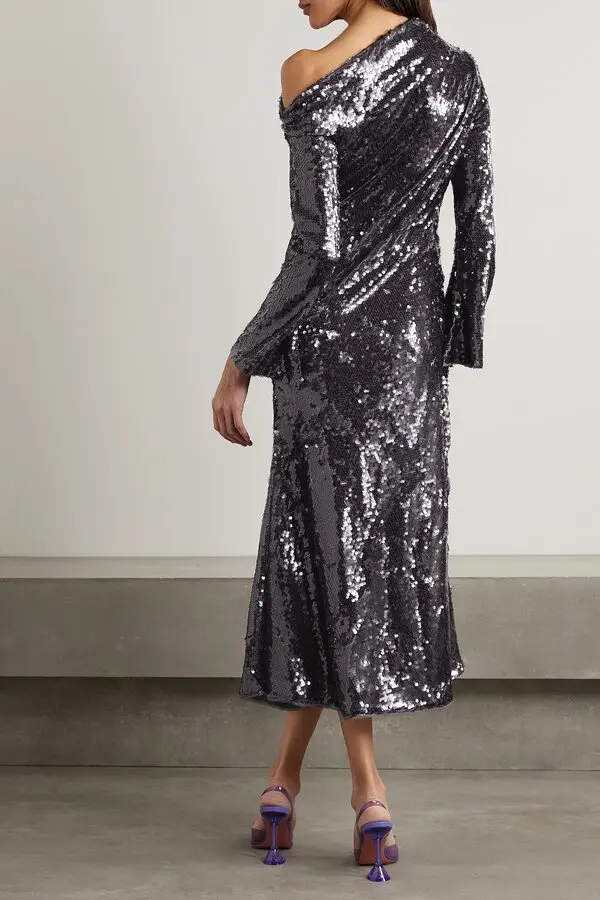 SELF-PORTRAIT Asymmetric Sequined Mesh Midi Dress