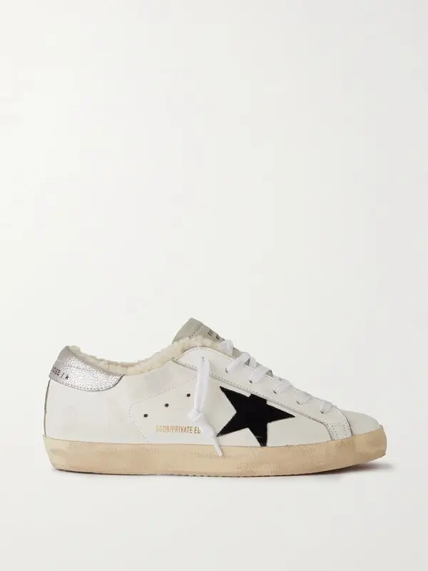 GOLDEN GOOSE Super-star Shearling-lined Distressed Sneakers - White
