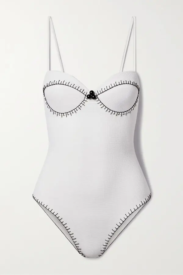 Marysia Salento Embellished Embroidered Seersucker Underwired Swimsuit - White