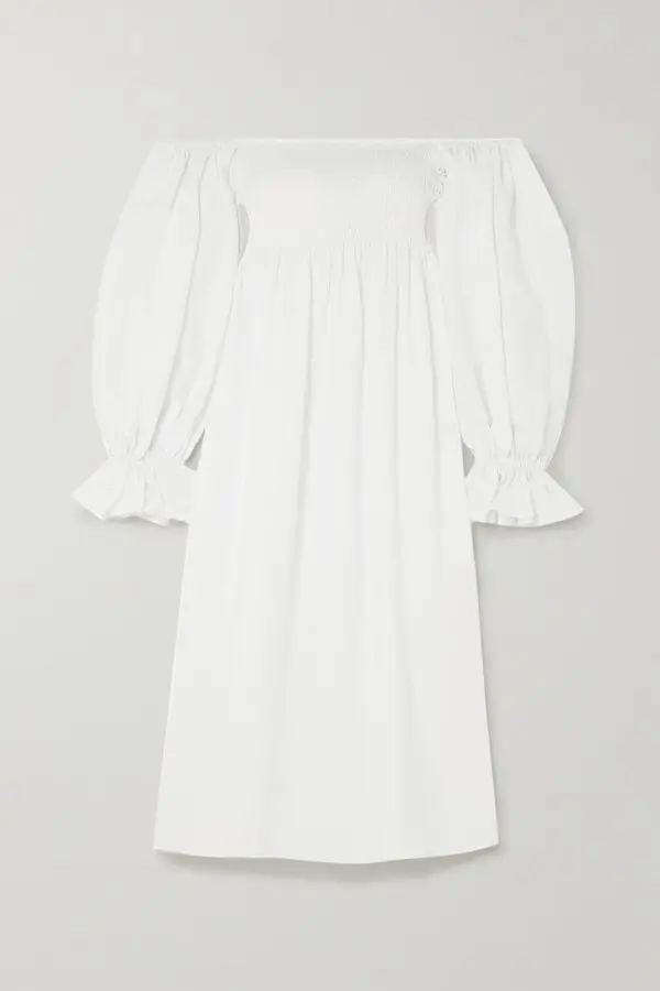 Sleeper Net Sustain Atlanta Off-the-shoulder Shirred Linen Midi Dress