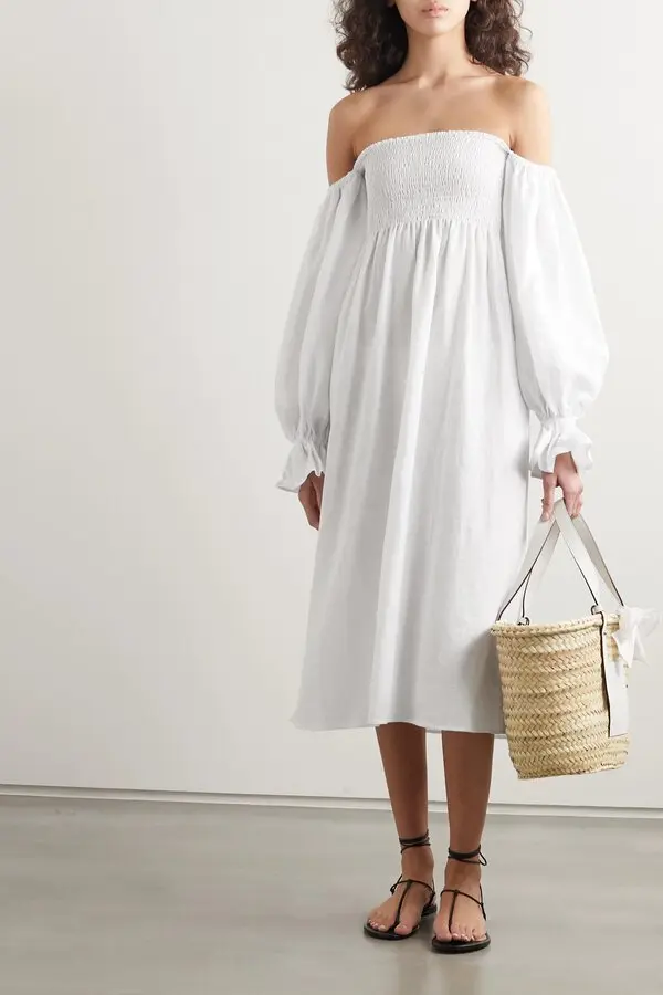 Sleeper Net Sustain Atlanta Off-the-shoulder Shirred Linen Midi Dress