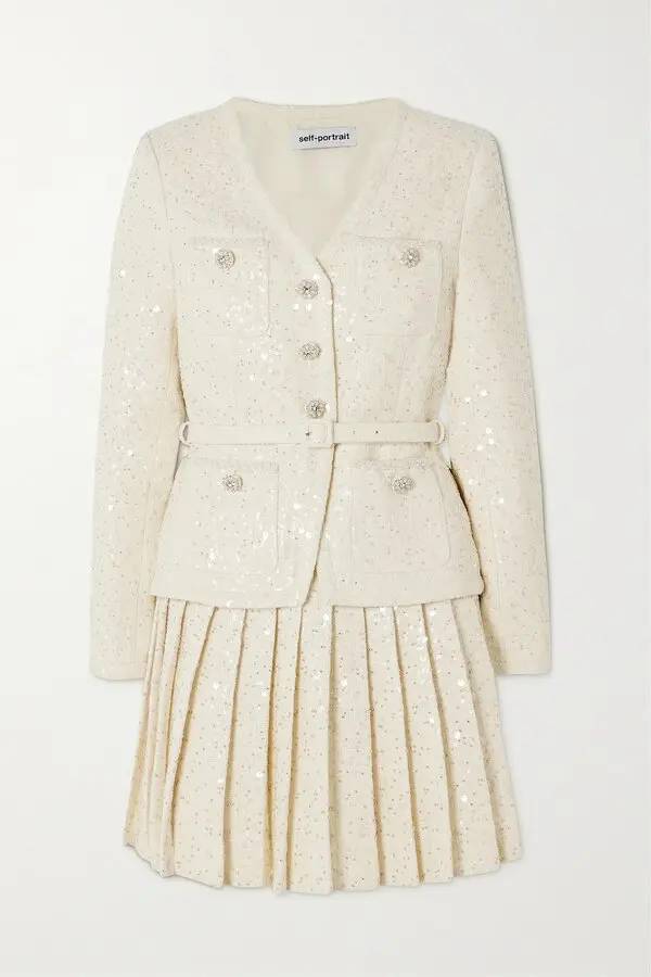 SELF-PORTRAIT Belted Embellished Bouclé Mini Dress