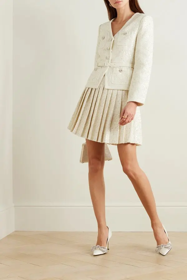 SELF-PORTRAIT Belted Embellished Bouclé Mini Dress