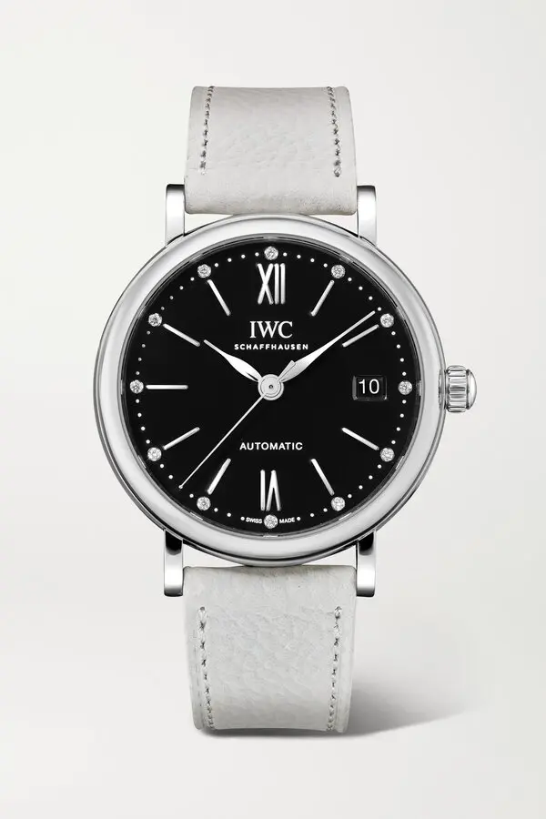 IWC SCHAFFHAUSEN Portofino Automatic 37mm Stainless Steel, Textured-leather And Diamond Watch - Silver