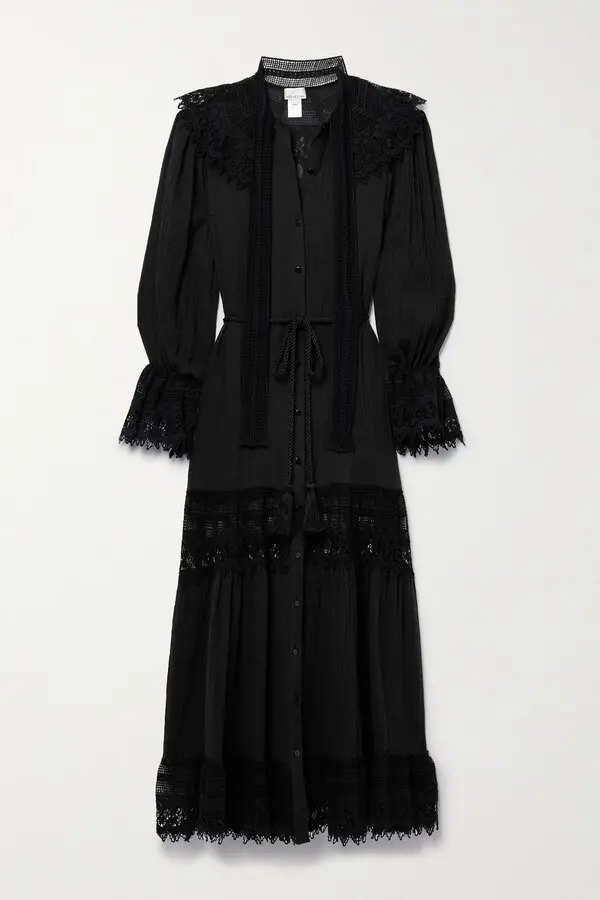 Miguelina Emilline Belted Lace-trimmed Cotton-gauze Maxi Dress - Black