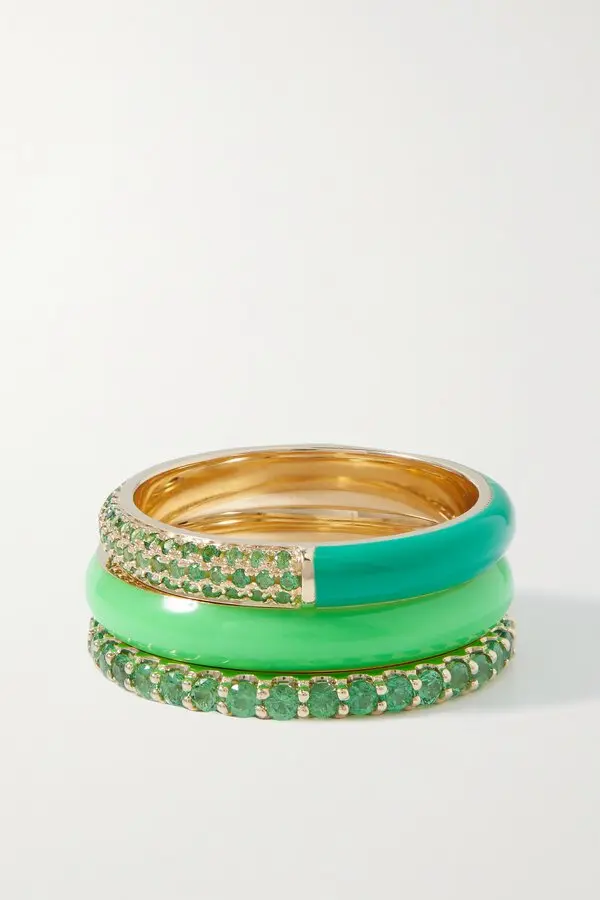Fry Powers Set Of Three 14-karat Gold, Enamel And Tsavorite Rings - Green