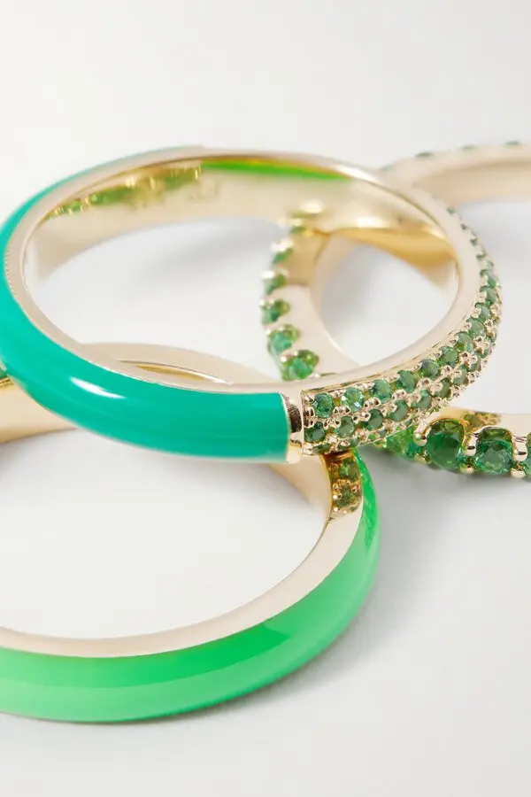 Fry Powers Set Of Three 14 Karat Gold, Enamel And Tsavorite Rings