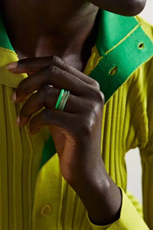 Fry Powers Set Of Three 14 Karat Gold, Enamel And Tsavorite Rings
