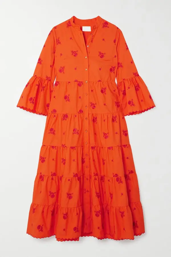 Erdem Tiered Embroidered Cotton-poplin Midi Shirt Dress - Red