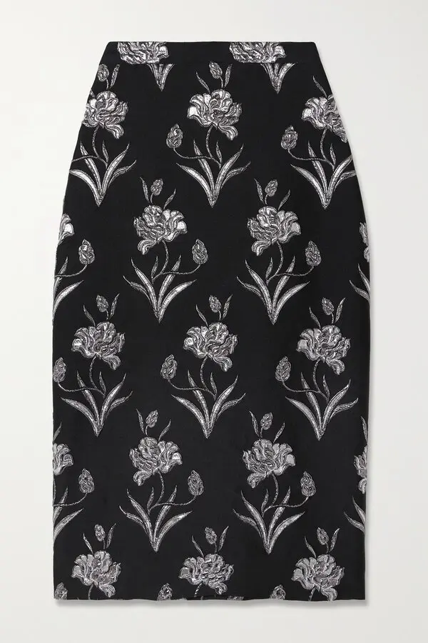Erdem Maria Metallic Floral-jacquard Midi Skirt - Black