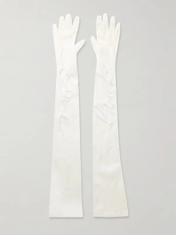 HALFPENNY LONDON Embroidered Tulle Opera Gloves - Ivory