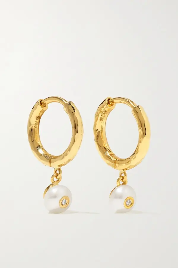 OCTAVIA ELIZABETH Net Sustain Micro Gabby 18-karat Recycled Pearl And Diamond Hoop Earrings - Gold