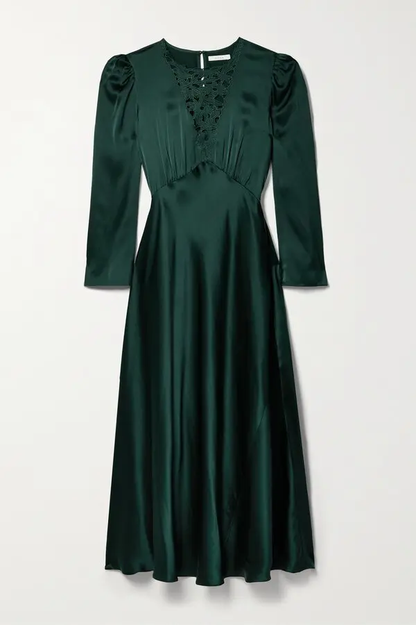 DÔEN Melinda Embroidered Silk-satin Midi Dress - Green