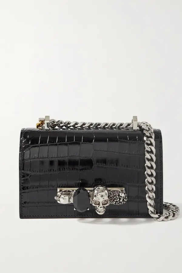 Alexander McQueen Embellished Croc-effect Shoulder Bag - Black
