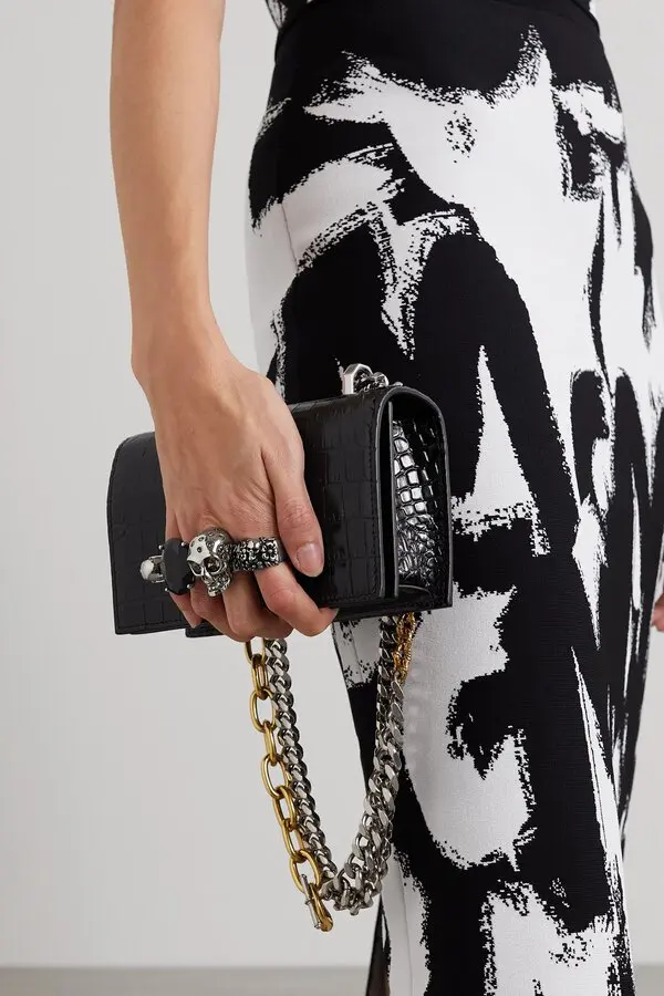 Alexander McQueen Embellished Croc-effect Shoulder Bag - Black