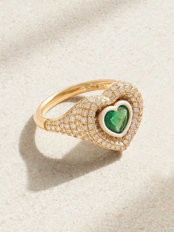 KAMYEN 18-karat Gold, Enamel, Diamond And Emerald Ring - Green