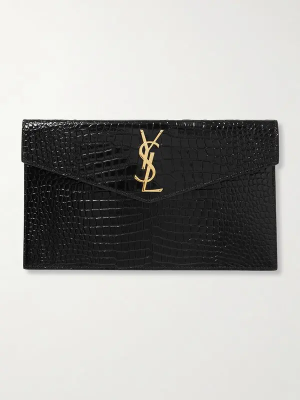 Saint Laurent Uptown Croc-effect Patent-leather Pouch - Black