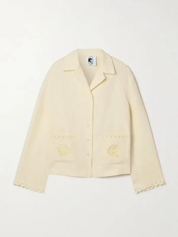 Sleeper Sofia Broderie Anglaise-trimmed Linen Pajama Shirt - White