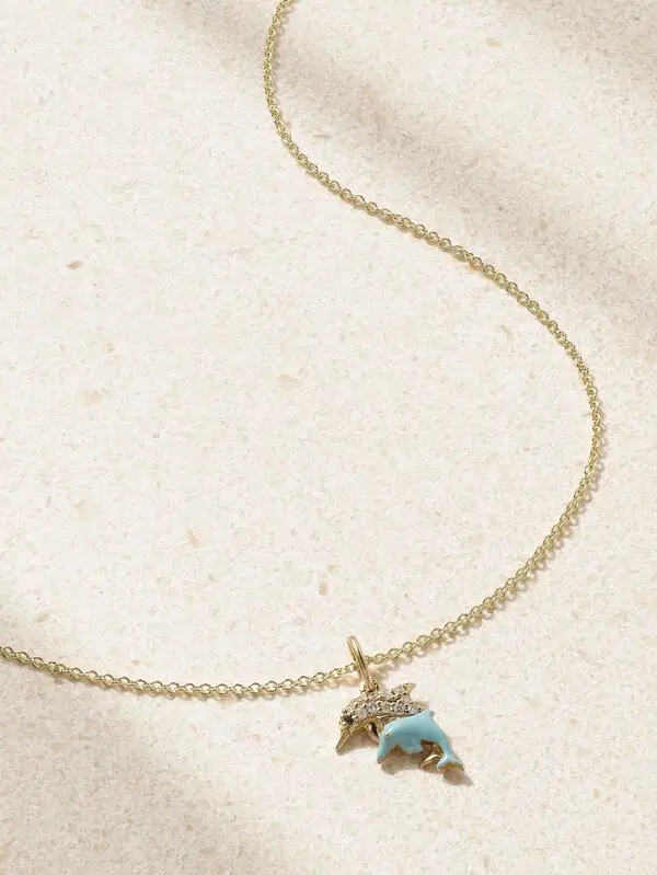 SYDNEY EVAN Dolphin Family 14-karat Diamond And Enamel Necklace - Gold