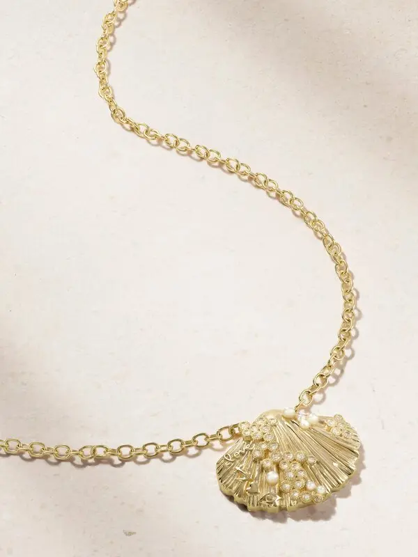 SYDNEY EVAN Large Scallop Shell 14-karat Pearl And Diamond Necklace - Gold